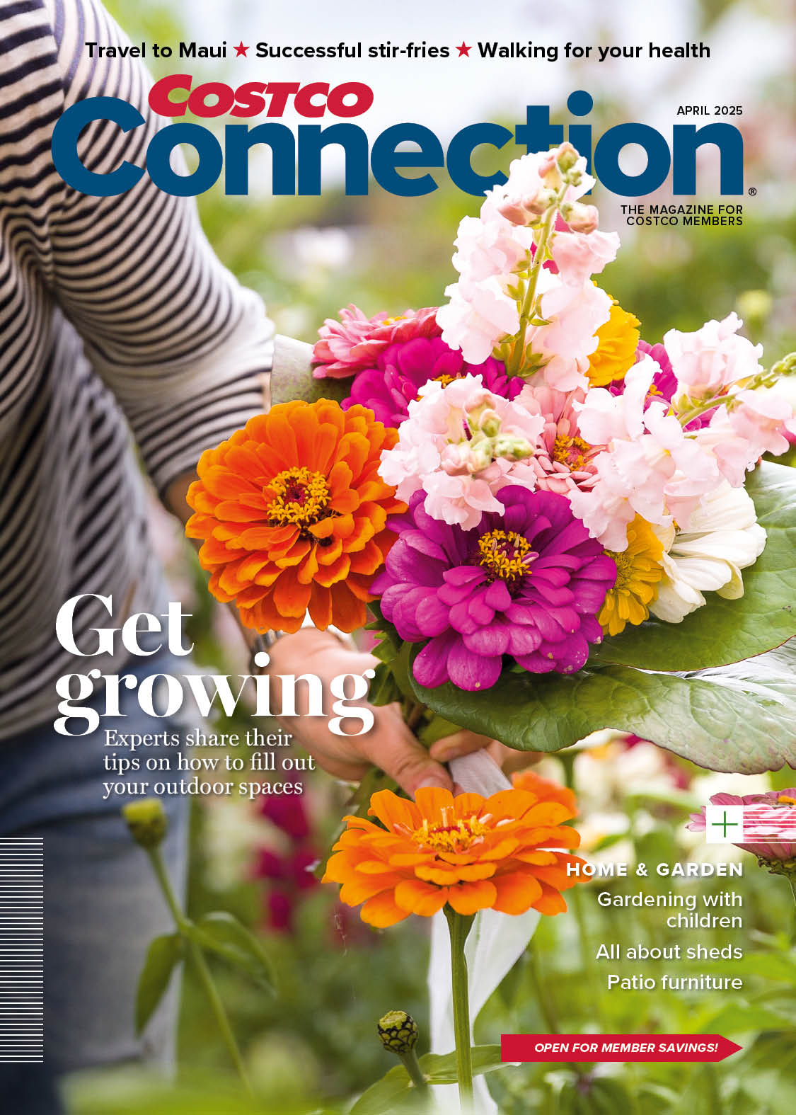 Ad for Costco Connection magazine featuring colorful flowers with "Get ...