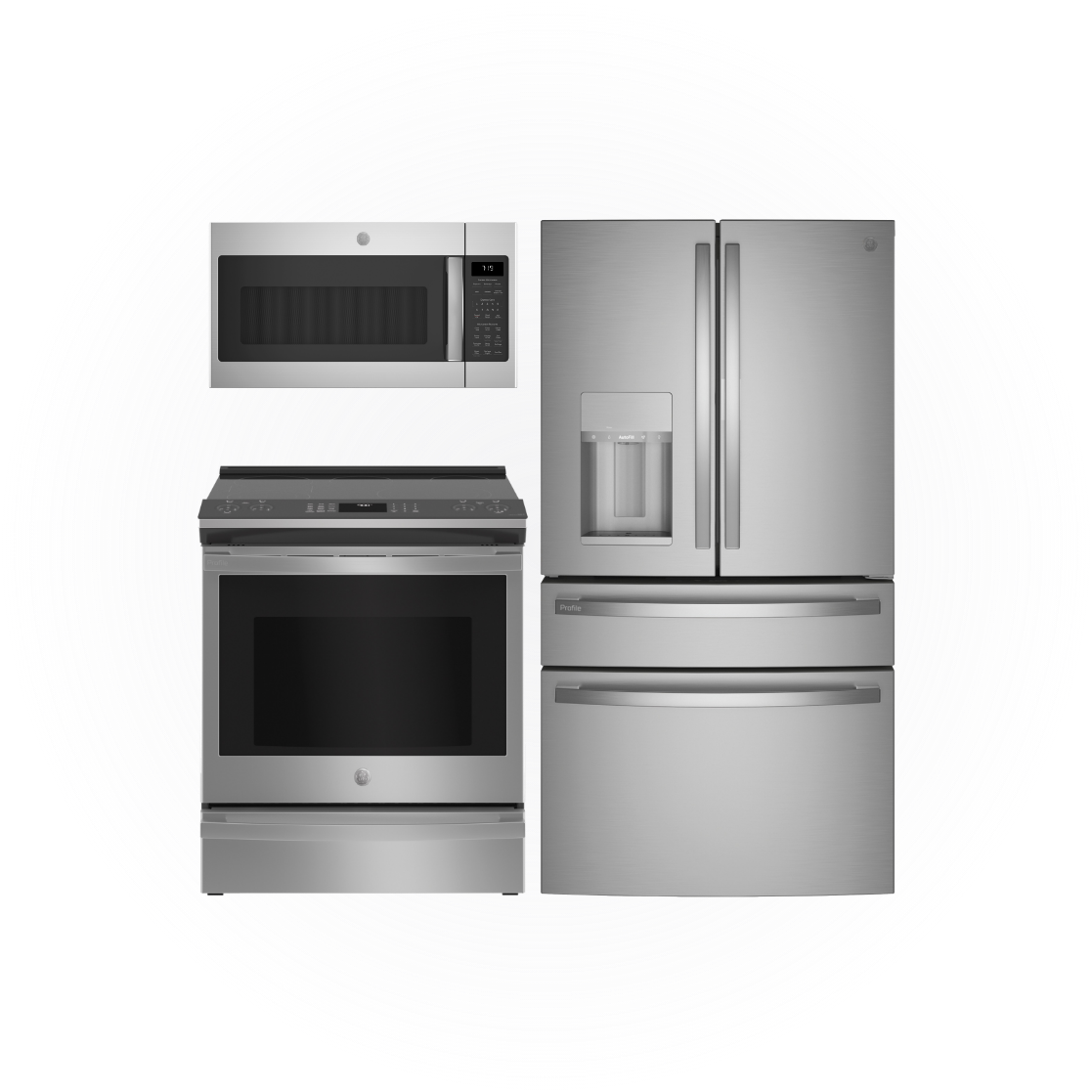 Set of modern kitchen appliances including a refrigerator, microwave ...