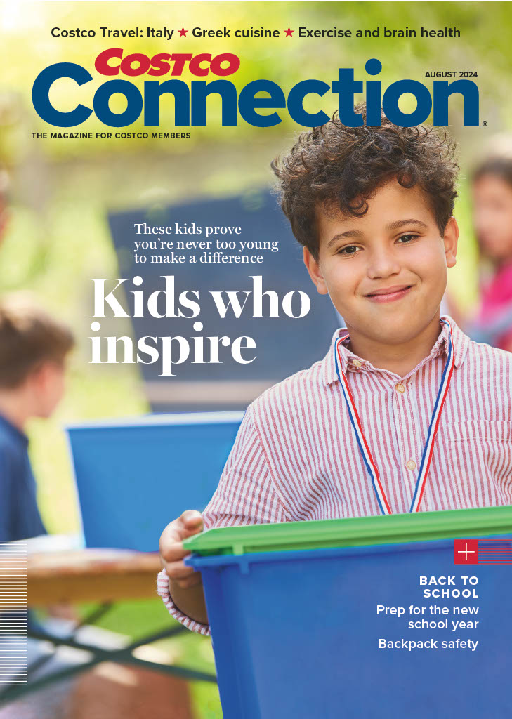 Ad for Costco Connection magazine featuring a smiling boy with a blue ...